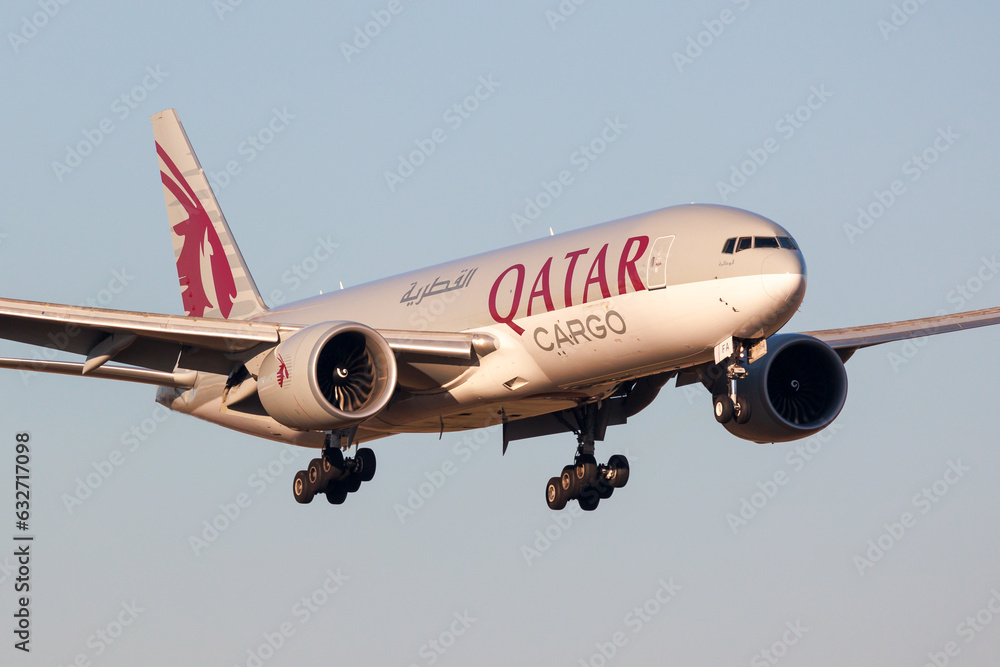 PRAGUE - MARCH 13, 2022: Qatar Airways Cargo Boeing 777-FDZ REG: A7-BFA ...