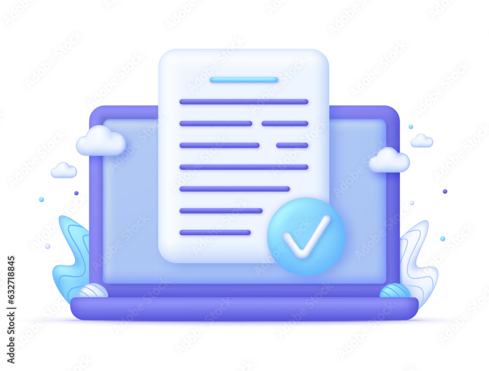 3D Document with check mark on Computer. Correctly icon. Symbols for ...