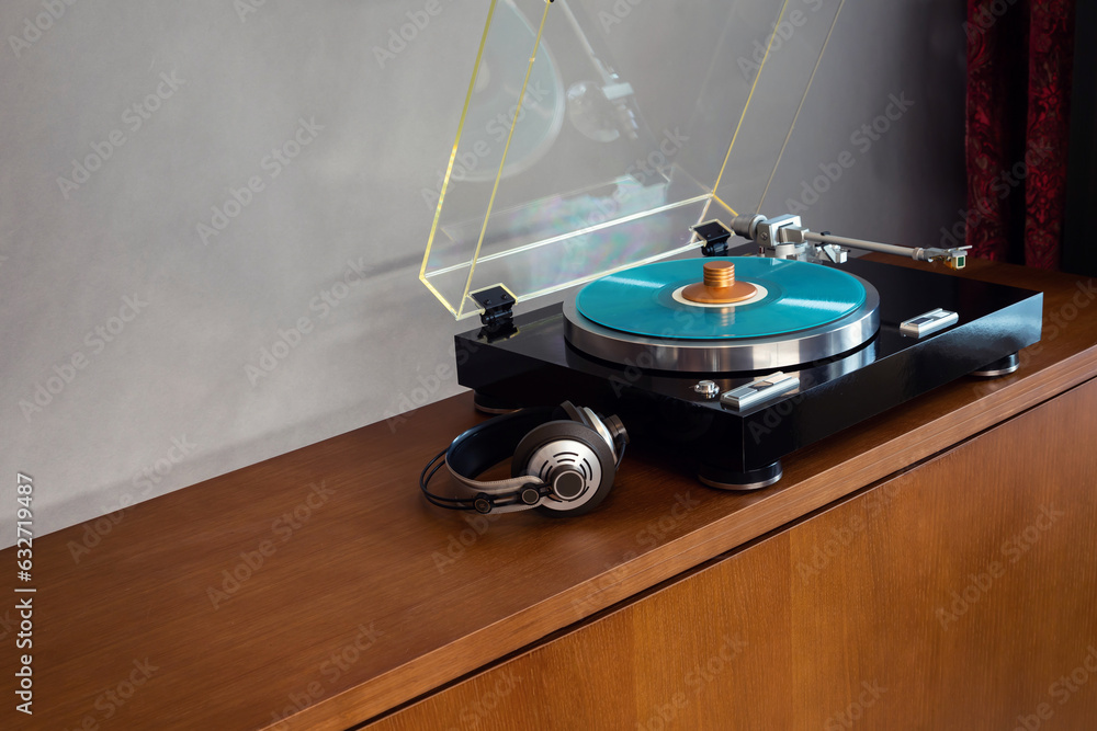 Vintage Stereo Turntable Record Player With Colored Disk, Headphones ...