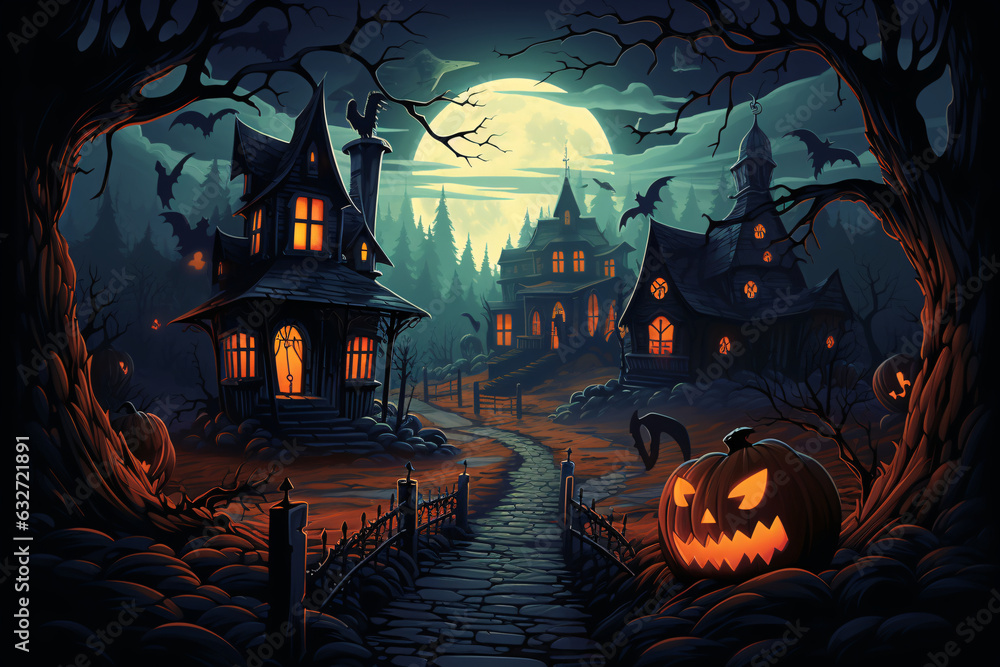A spooky Halloween background with a dark forest, full moon, and ...