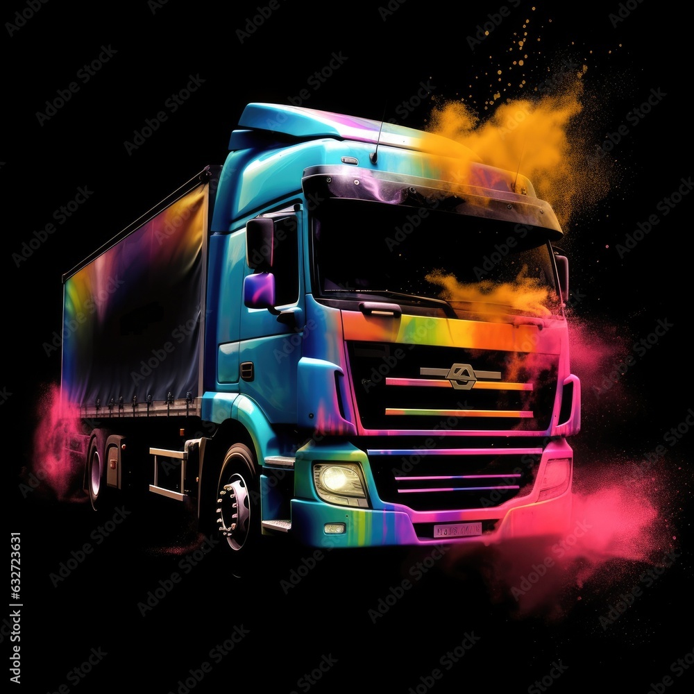 Colorful truck at high speed transport of heavy loads in a vector style ...