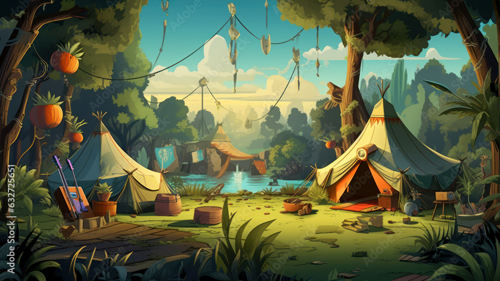 Camping on the river in the jungle. illustration in cartoon style Stock ...