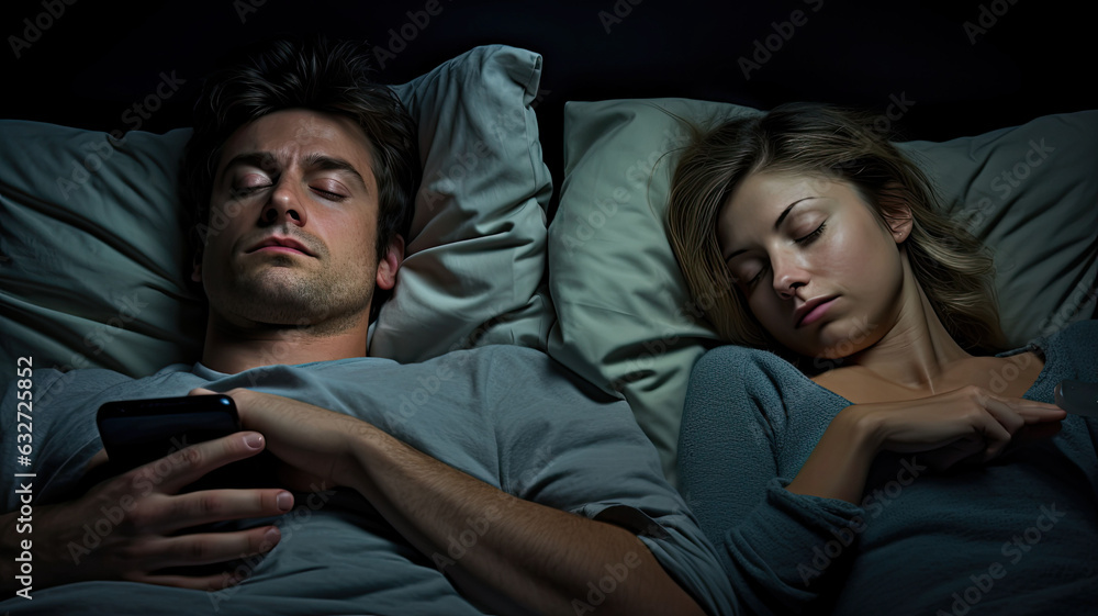 siding Couple Couple sleep with smartphones in their bed. Mobile phone ...