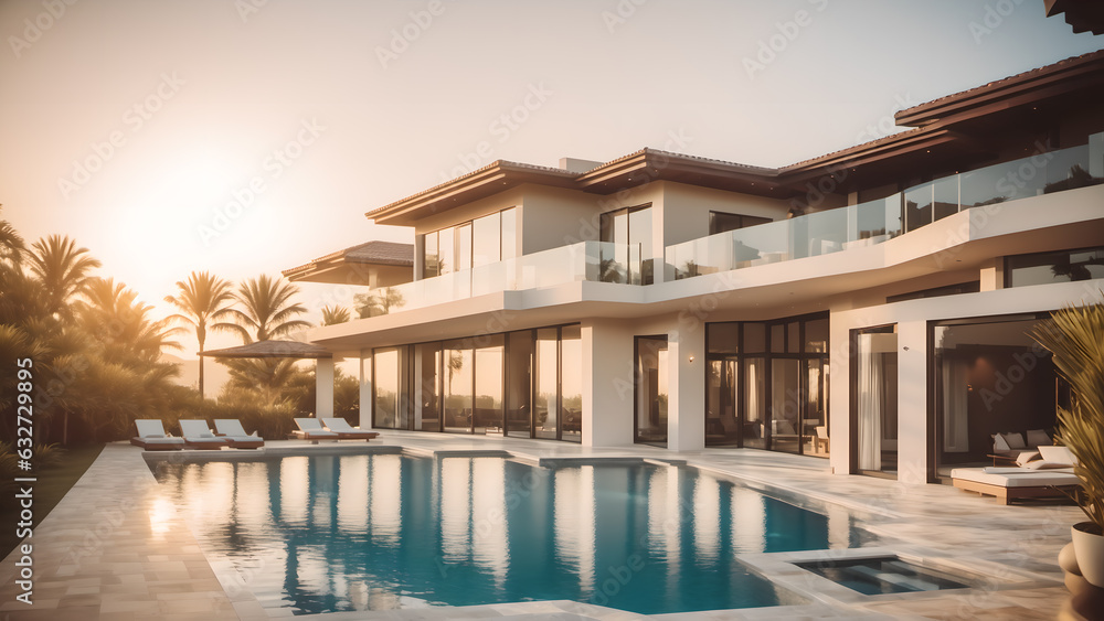 Luxury home with modern pool at sunrise, contemporary villa ...