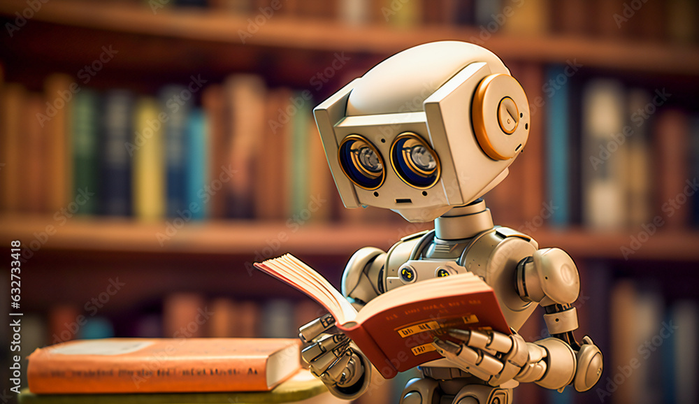 Cute little robot surrounded by books in a library Stock Illustration ...