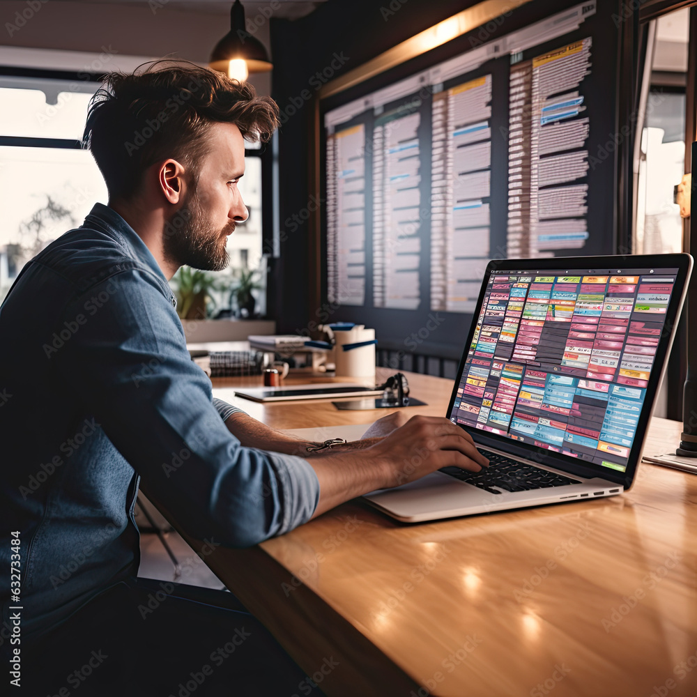 Business developer using Kanban board framework on laptop computer. Agile software development ...