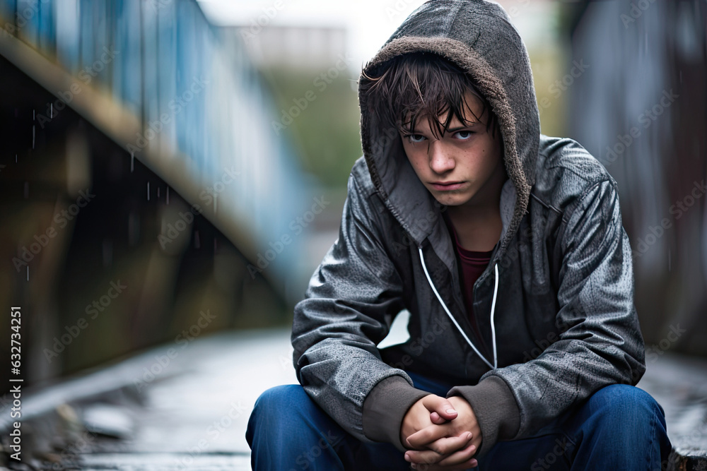Sad depressed teenager sitting outdoors alone. Depression, loneliness ...