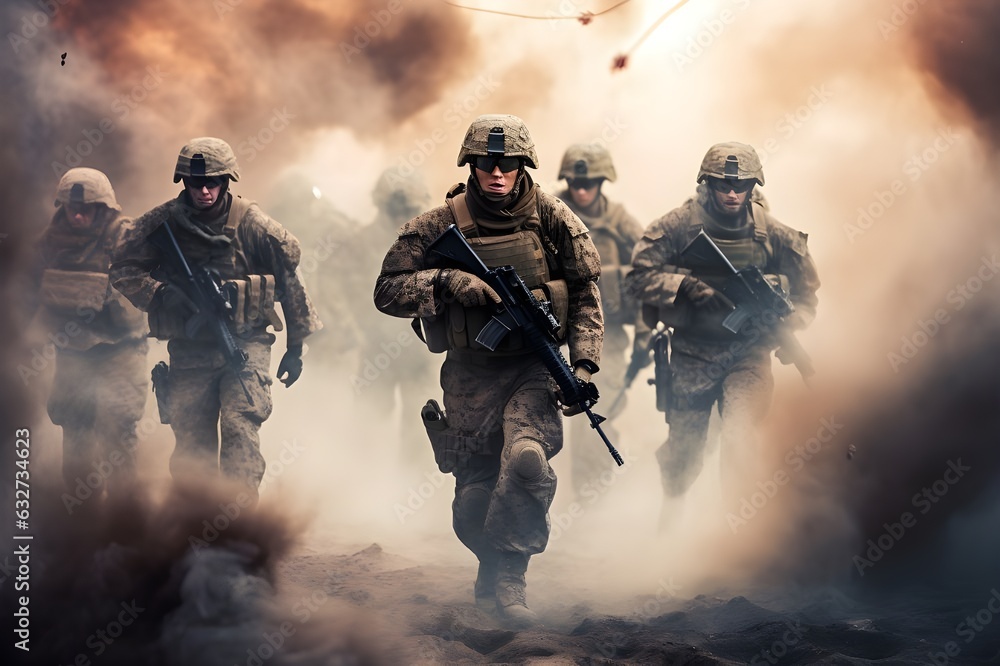 Military soldier squad battle scene, action shooter battle game cover ...