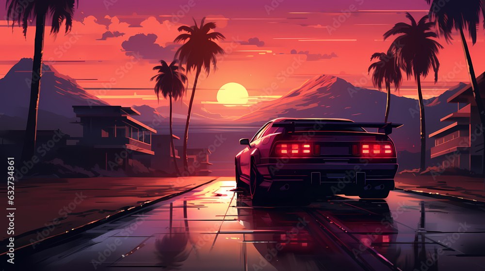 60s 70s 80s car retro design with sports car and sunset view. cyberpunk ...
