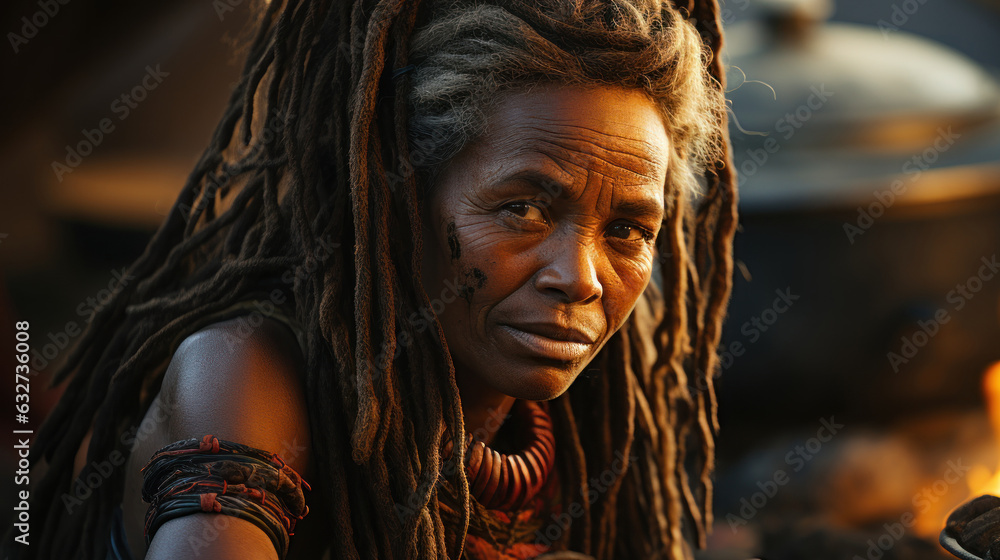 Portrait of an African woman with dreadlocks in the village Himba tribe ...