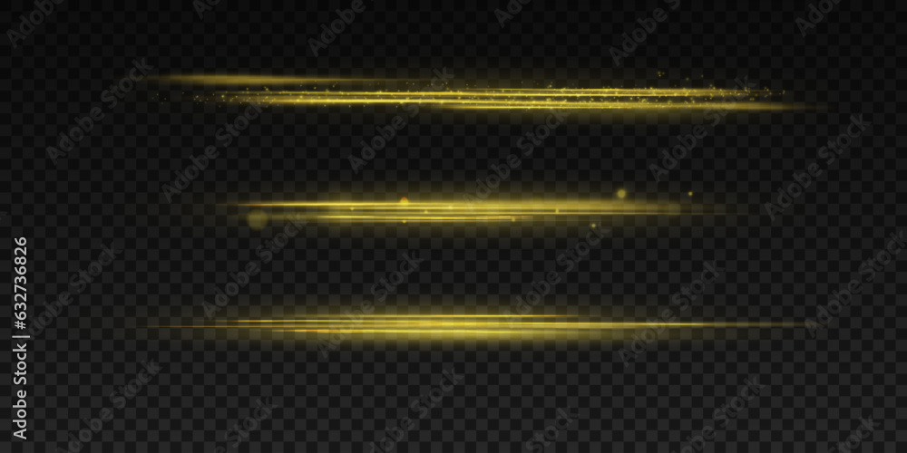 Horizontal yellow rays, laser beams, beautiful light flare. Bright rays ...