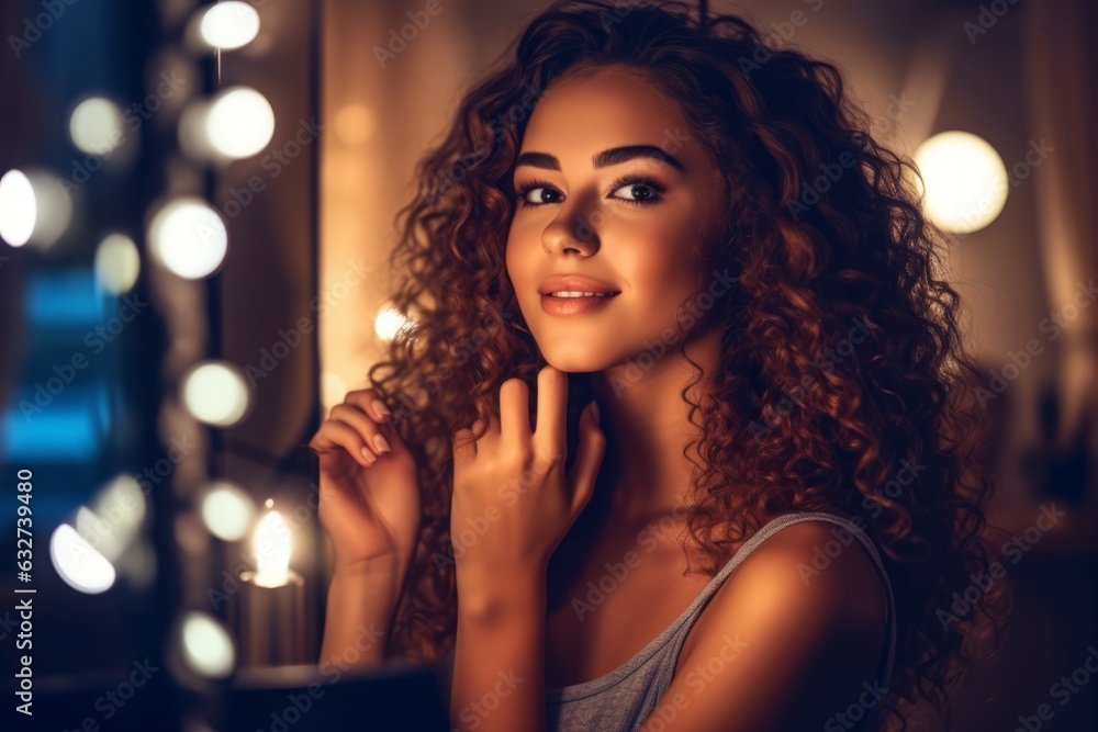 A young woman applying makeup in front of a well-lit vanity mirror ...