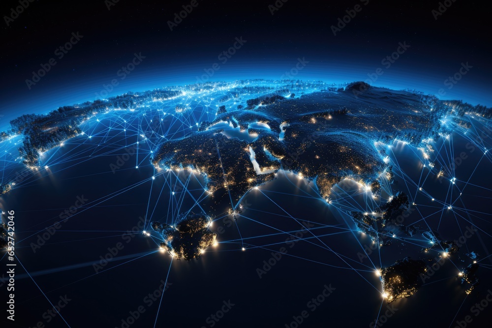 World map with glowing lines representing international connections. An ...