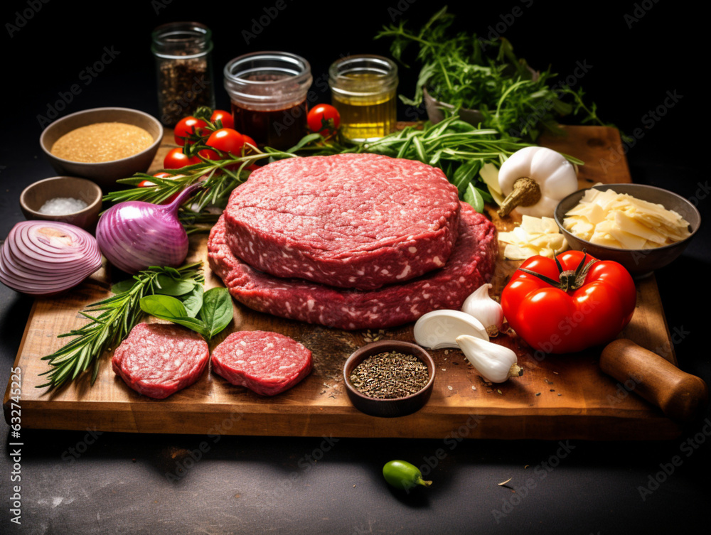 Uncooked Vegan burger ingredients with plant based meat free cutlet on ...