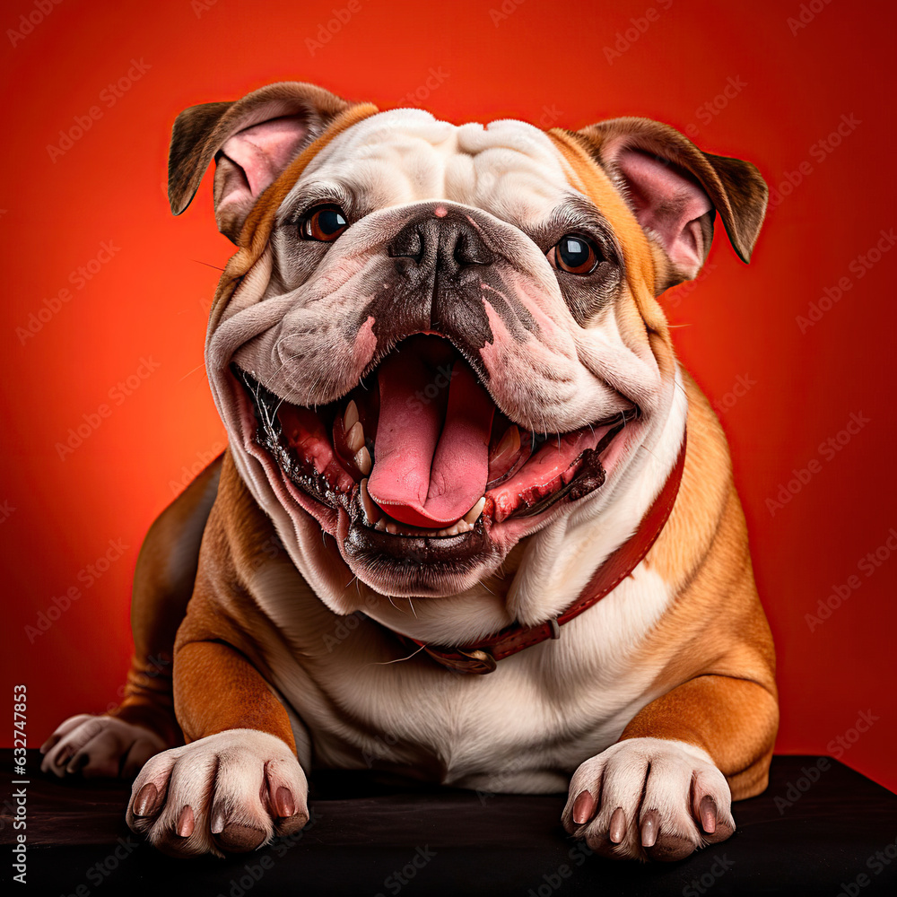 Elegant English Bulldog poses on an eye-catching orange backdrop ...