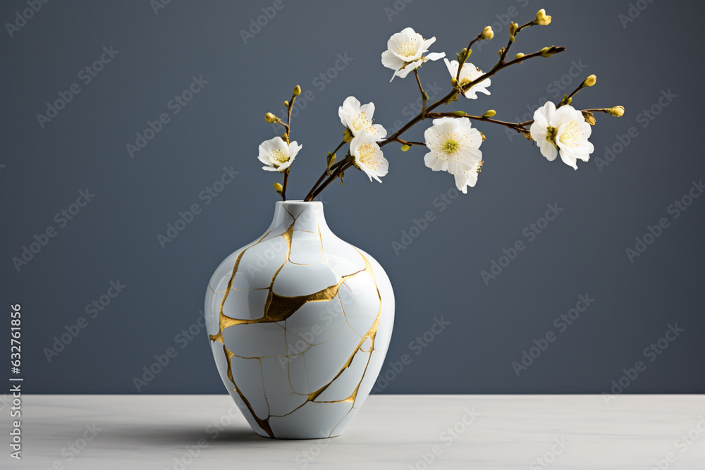 Kintsugi art style vase with sakura flowers , minimalist style ...