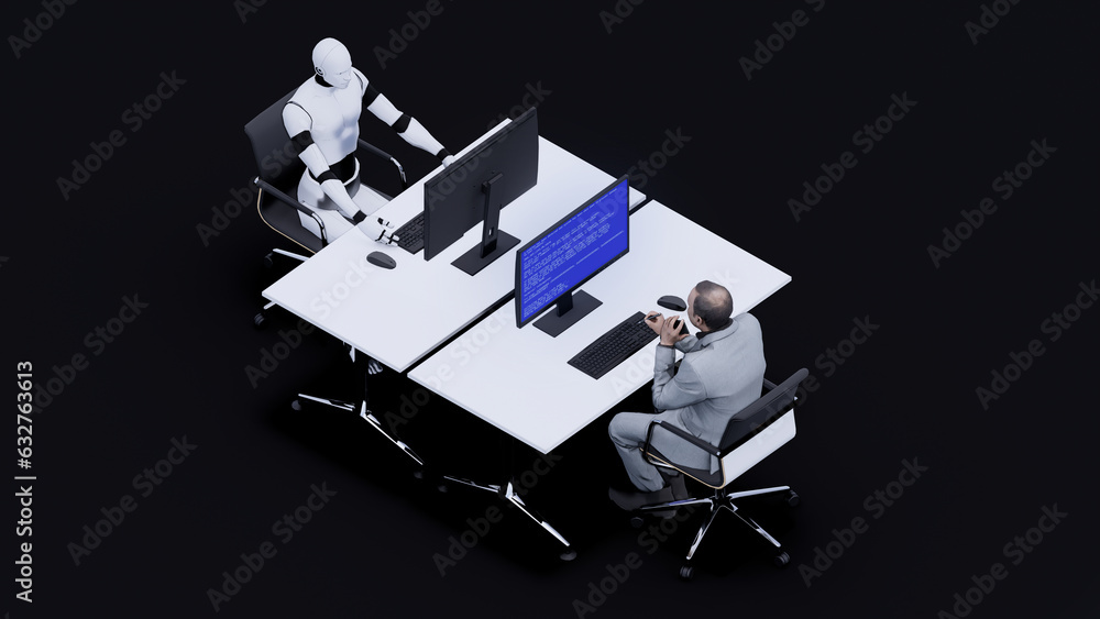 Humanoid AI Cyborg machine sitting in front of a working man in the ...