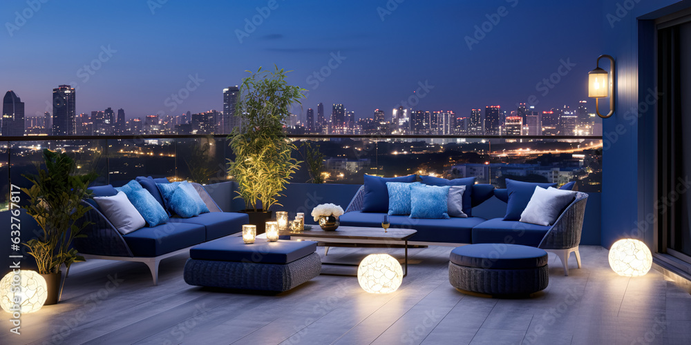 Roof terrace of a beautiful house with night-time view of the city ...