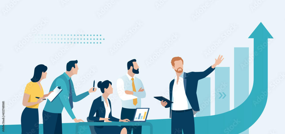 Growth, strategy, presentation. The Leader. Discussing business plan ...