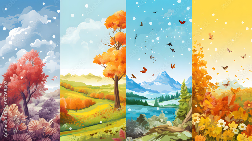 Four seasons of year. Set of vertical nature banners with winter ...