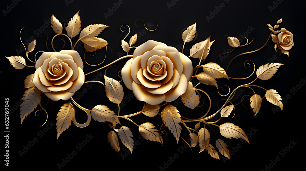 Golden roses on black background. Elegant golden roses flowers wall art ...