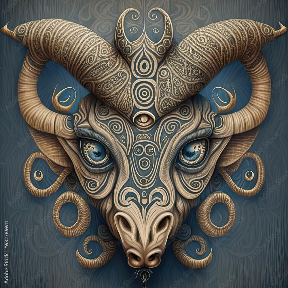 The head of a aries (ram) monster with an Arabesque pattern on the skin ...