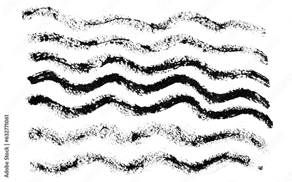 Textured black wavy vector brush stroke set. Abstract monochrome marine ...