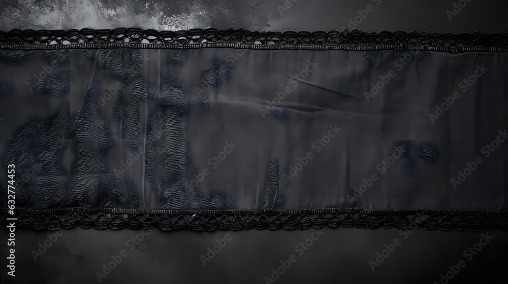Black denim background with lace borders and small leather label. Dark ...