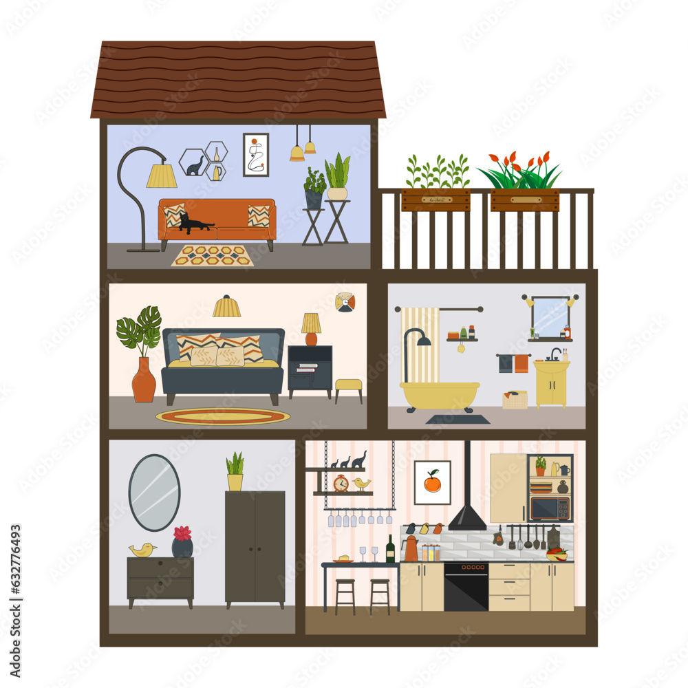 Doll house in section. Vector flat illustration with outline. Entrance ...