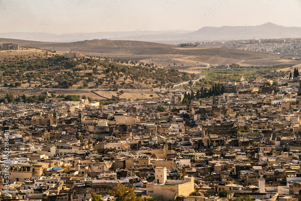 Elevated view of rooftops of houses in Fes el-Bali medina, Fez, Morocco ...