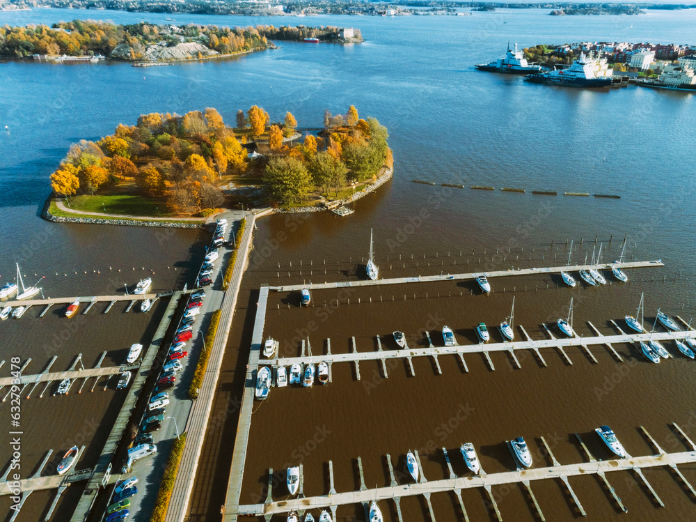 Aerial of Tervasaari Island with dog park, Tervasaari Outdoor Theatre ...