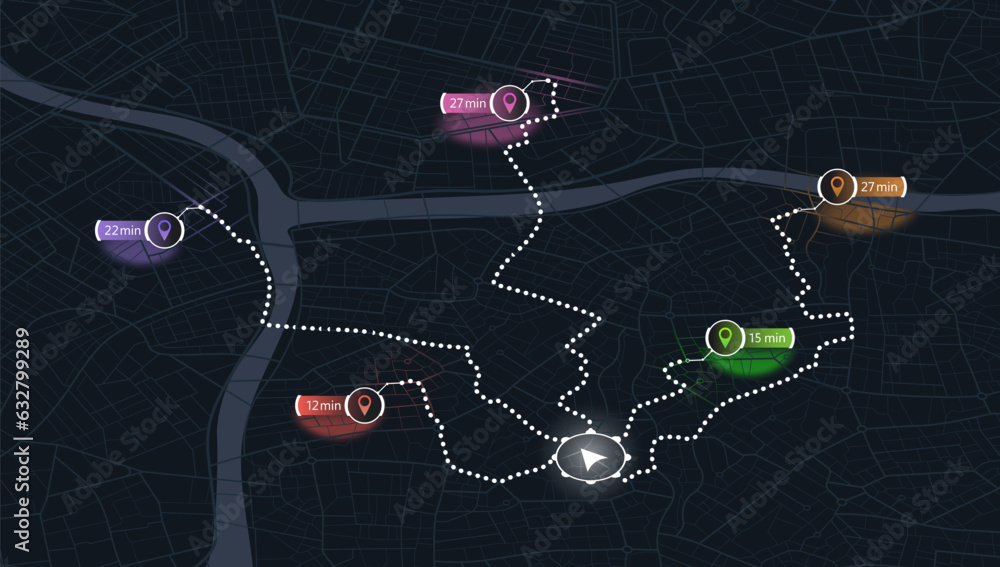 IMap city with gps pins. Direction markers for navigation. Street, road ...
