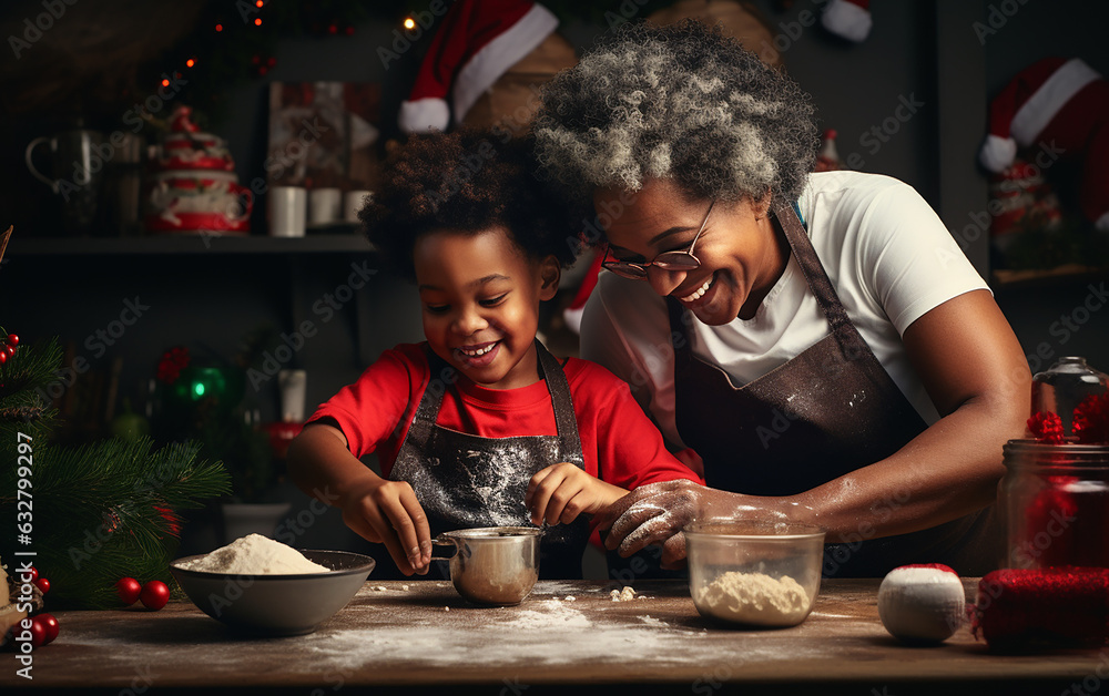 Black african american dark-skinned grandmother and grandson baking ...