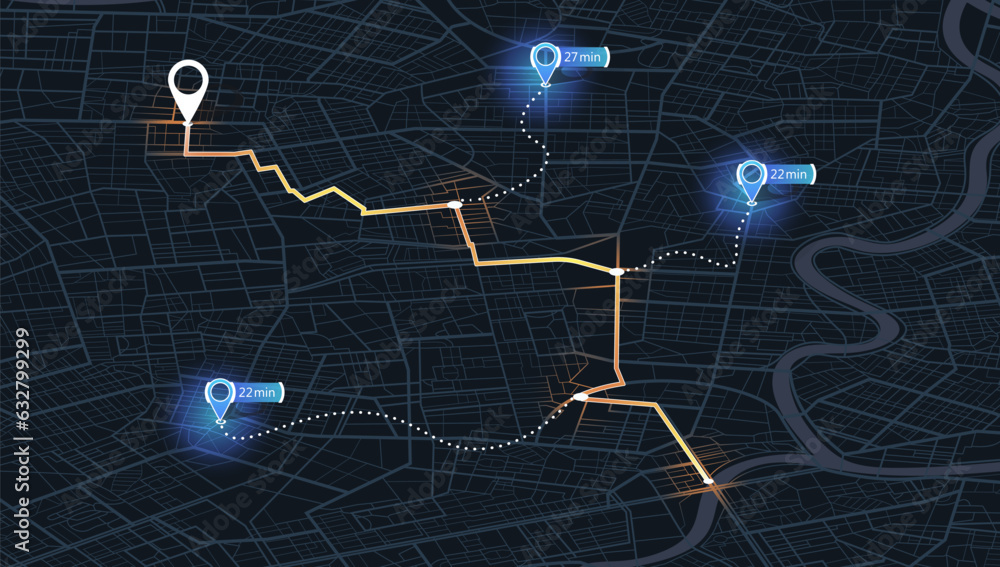 Map city with gps pins. Direction markers for navigation. Street, road ...