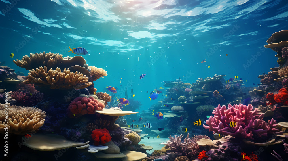beautiful underwater scenery with various types of fish and coral reefs ...