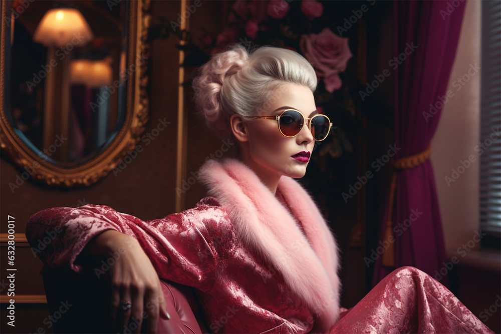 Young woman in pink clothes at a fashion photo shoot. fashion and style ...