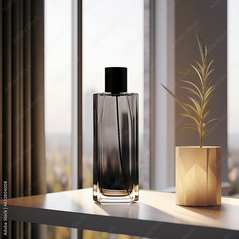 Mockup of perfume bottle in Scandinavian design interior setting for ...