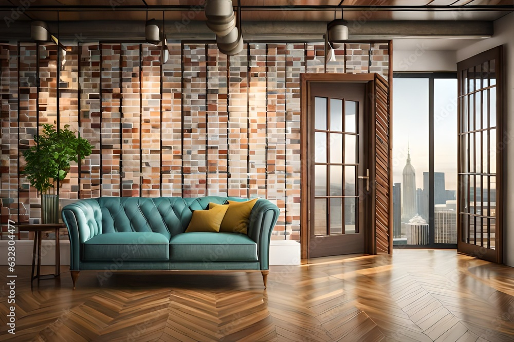 Interior background of room with brick wall, vase with branch and door ...