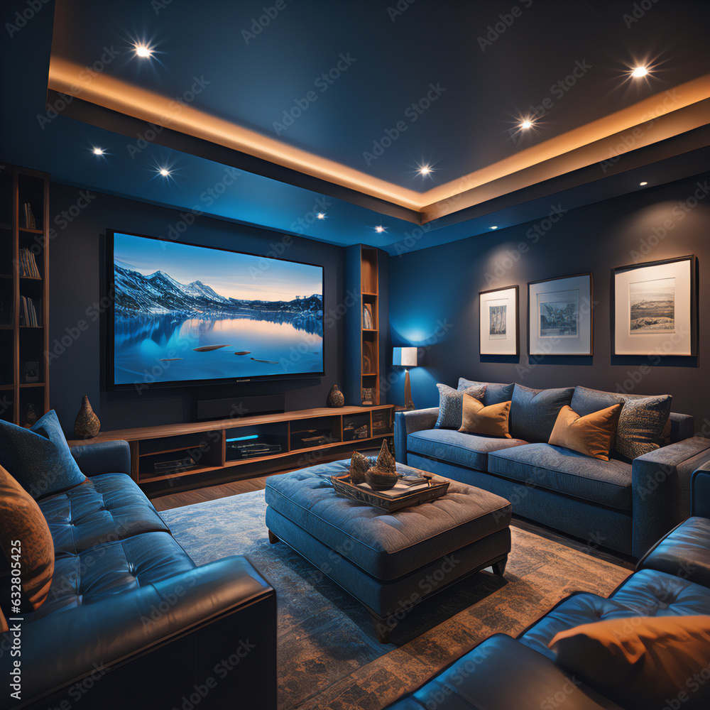 Home cinema, living room with colored LED lighting - Smart home. Big Tv ...
