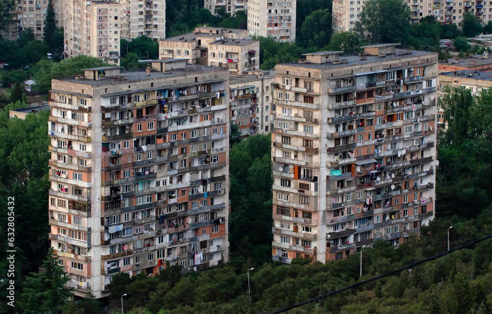 Dilapidated old residential buildings from Soviet era, called ...