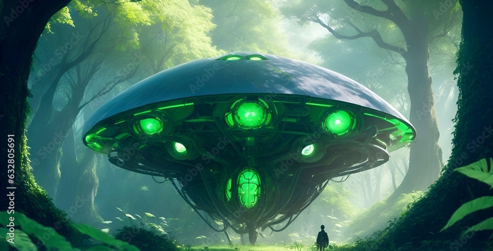 A mysterious alien ship slowly descends through the canopy of the ...
