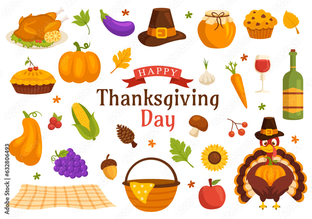 Happy Thanksgiving Day Vector Illustration with Turkey Bird, Pumpkin ...