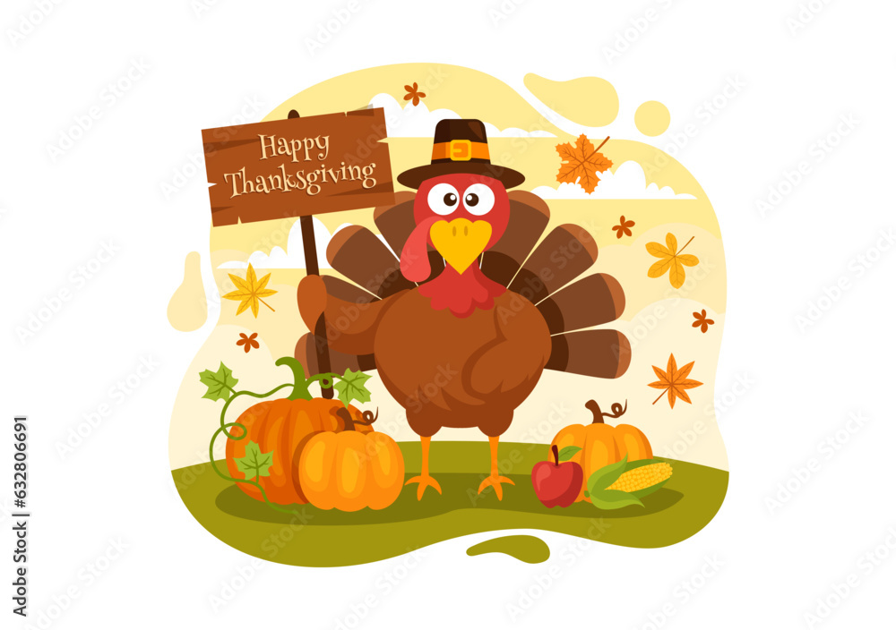 Happy Thanksgiving Day Vector Illustration with Turkey Bird, Pumpkin ...