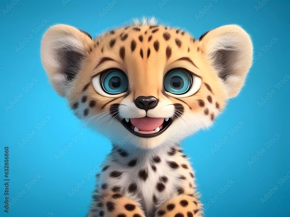 Realistic 3d render of a happy, furry and cute baby ocelot smilling ...