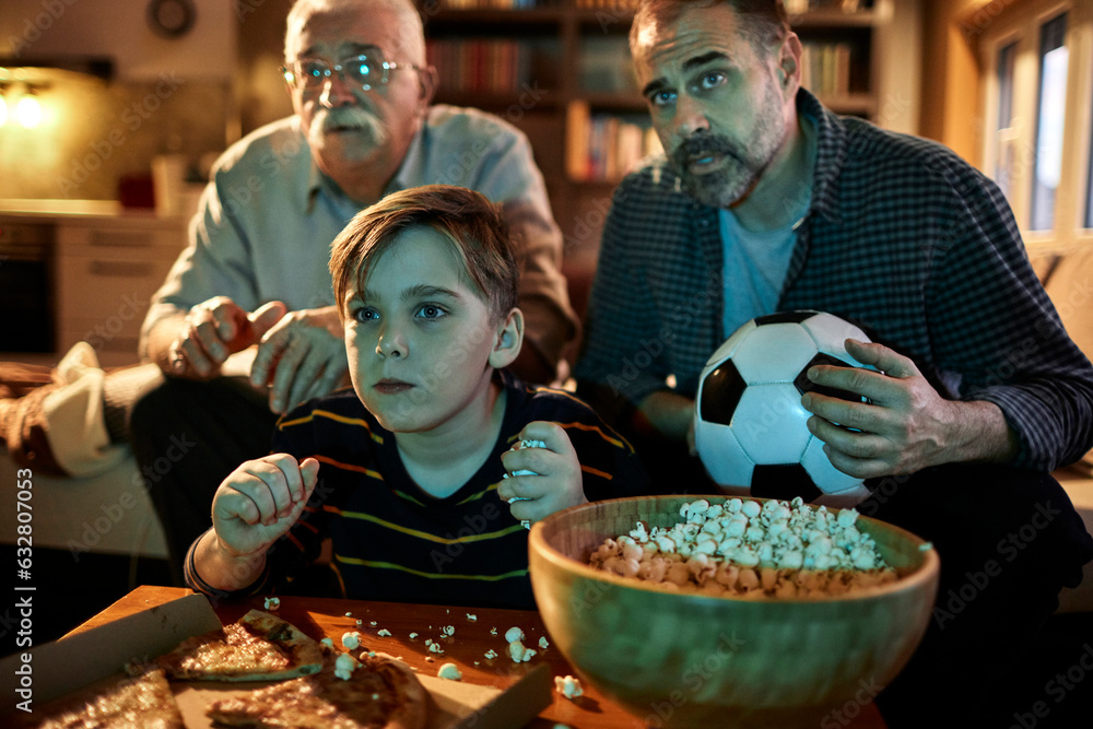 Multigenerational group of males watching a football soccer game on the ...