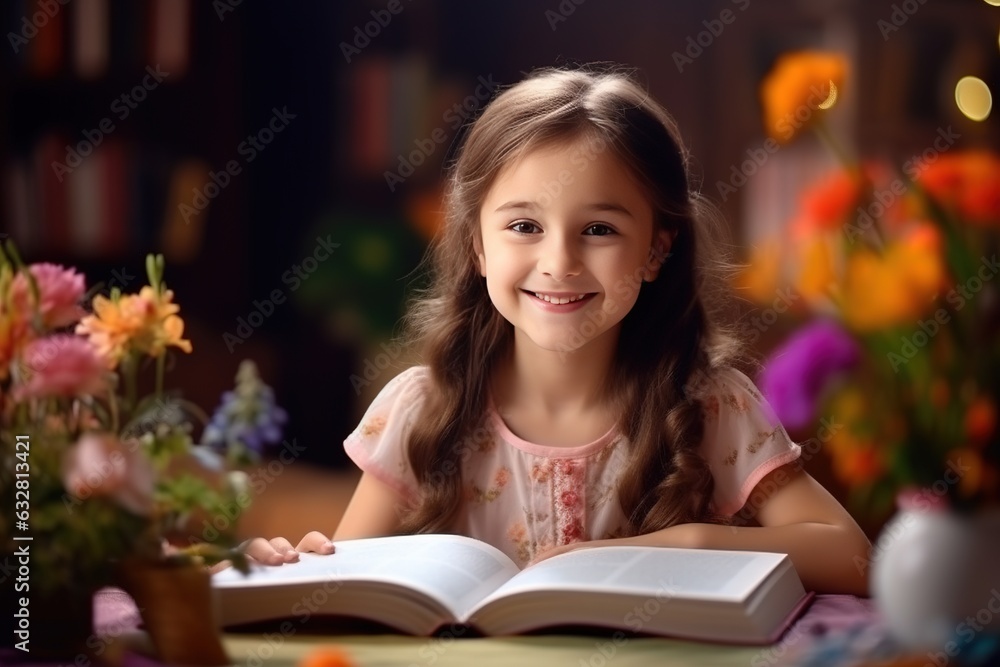 Cute children baby girl smiling and reading book in living room at home ...