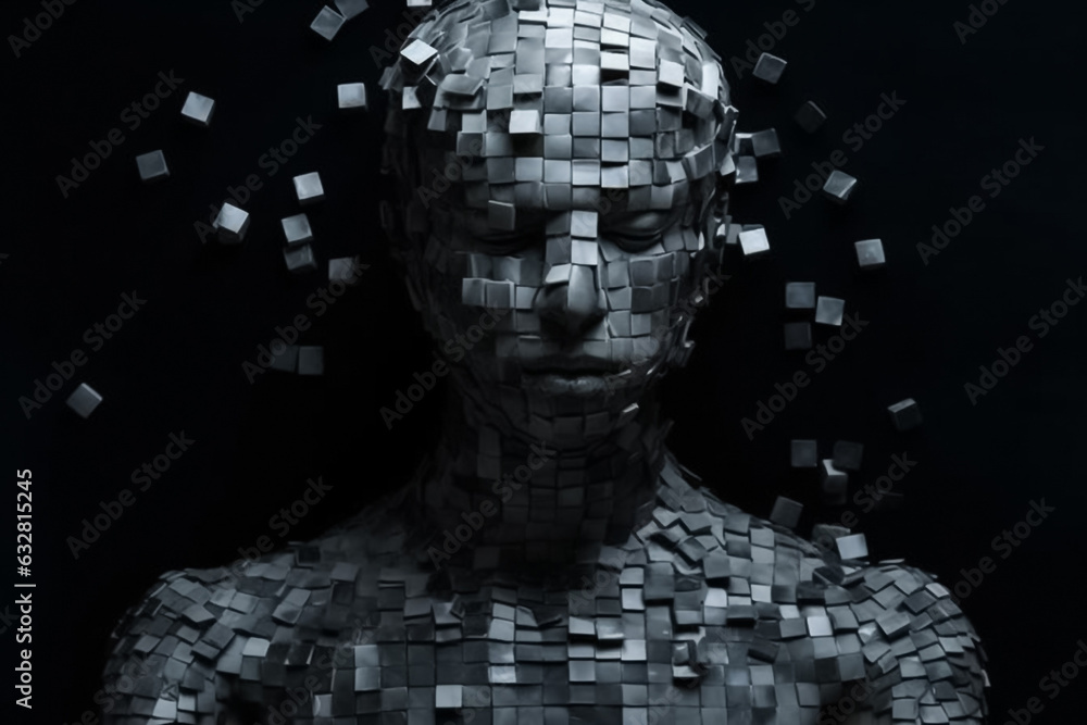 The image of man breaking into pieces look like cube mosaic symbolizes ...