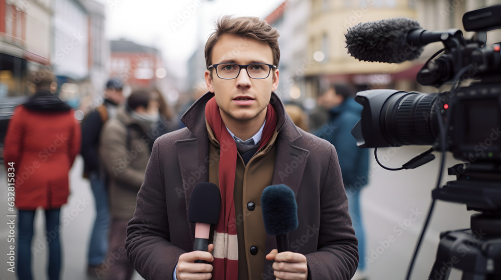 Portrait of professional male reporter at work. Professional news ...