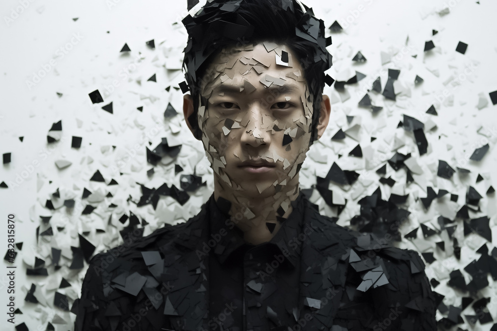 a man fragmented into cube-like pieces, forming a mosaic that ...