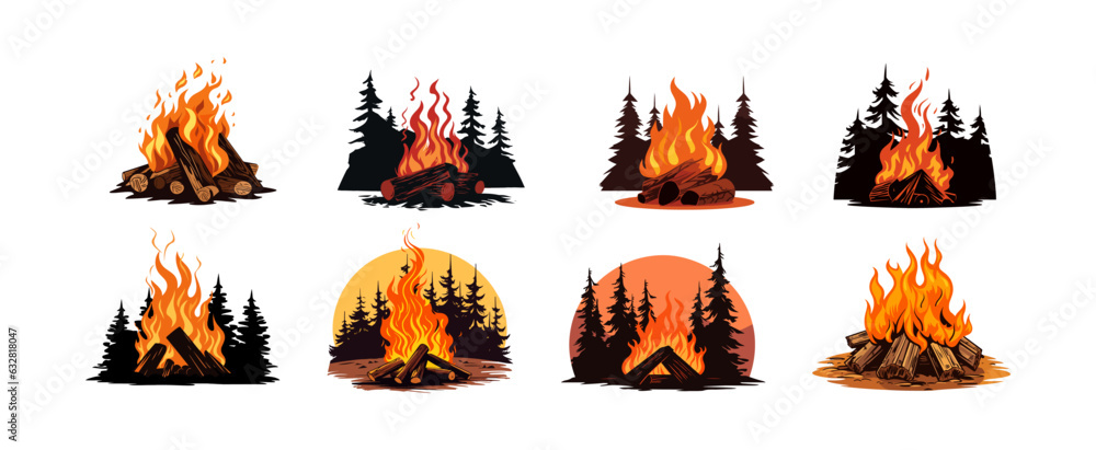Camp fire graphic design collection. Set of travel adventure campfir ...